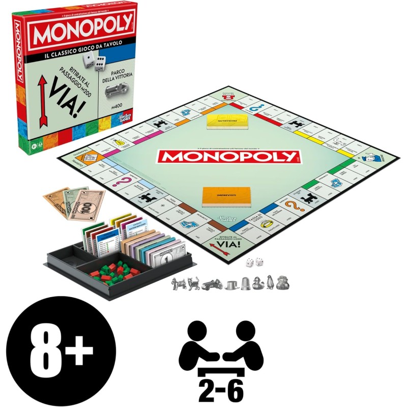 Monopoly Gioco classico da tavolo con vaschetta-contenitore e pedine ...